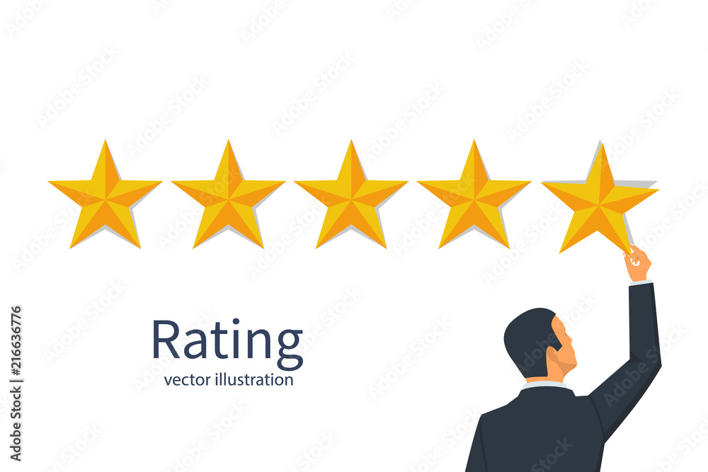 Star rating. Businessman holding a gold star in hand, to give five ...