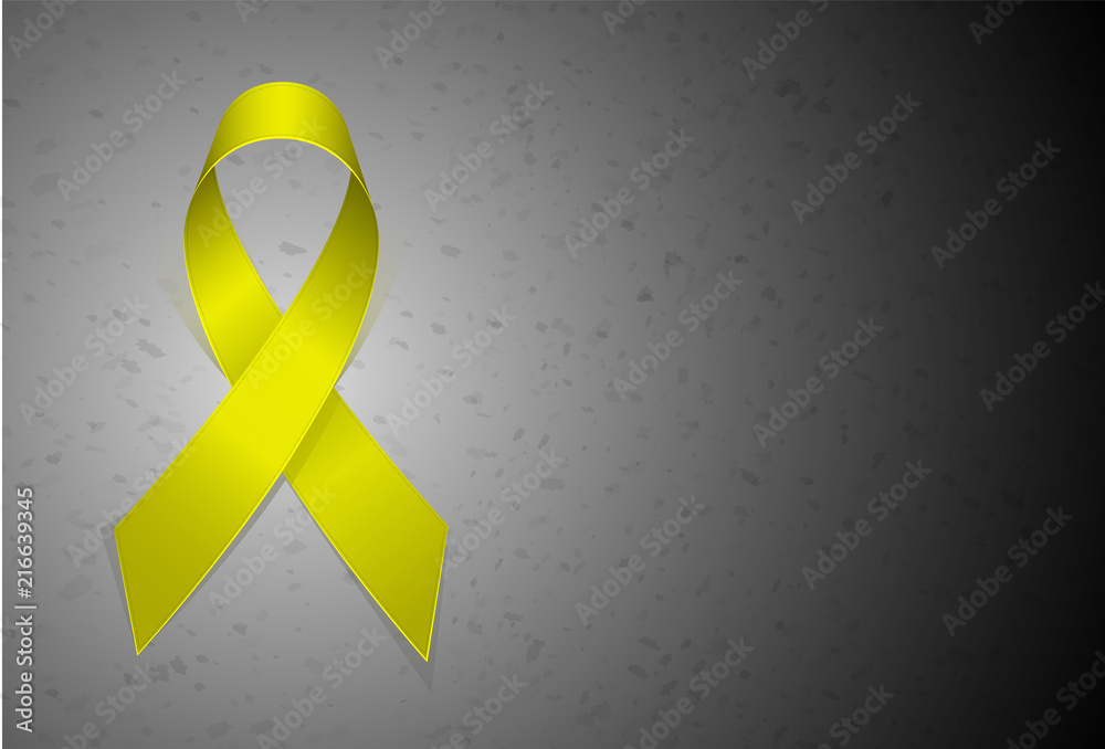 Yellow textile ribbon emblem of fight against suicide. Gray sad ...