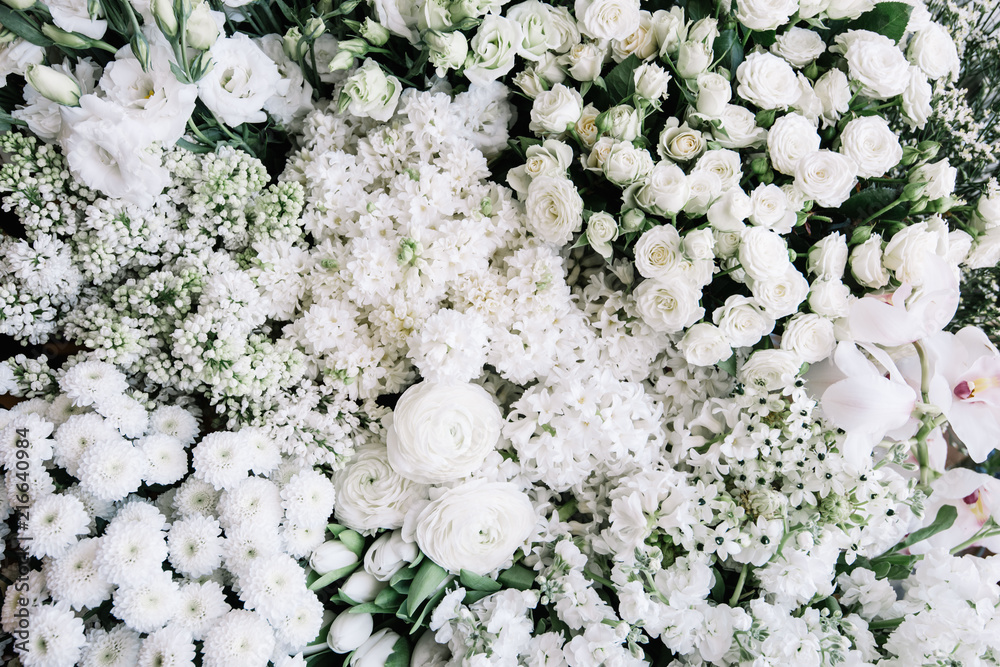 Beautiful fresh blossomy flower bed of fresh flowers at the florist ...