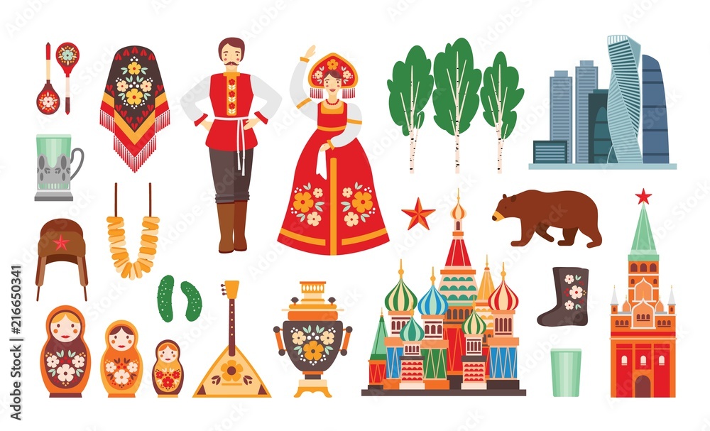 Collection of Russian national costumes, attributes, buildings isolated ...