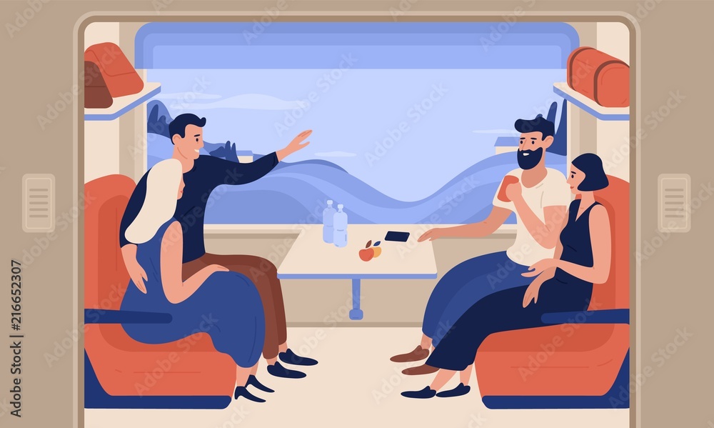 Young smiling men and women travelling by train. Cheerful people ...