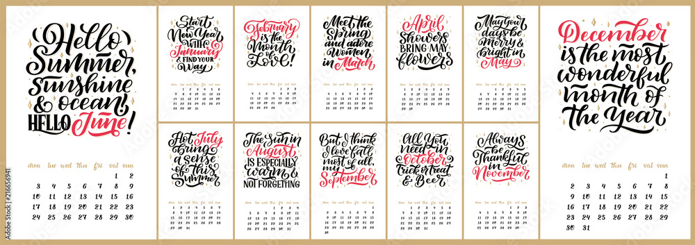 Vector calendar for months 2 0 1 9. Hand drawn lettering quotes for ...