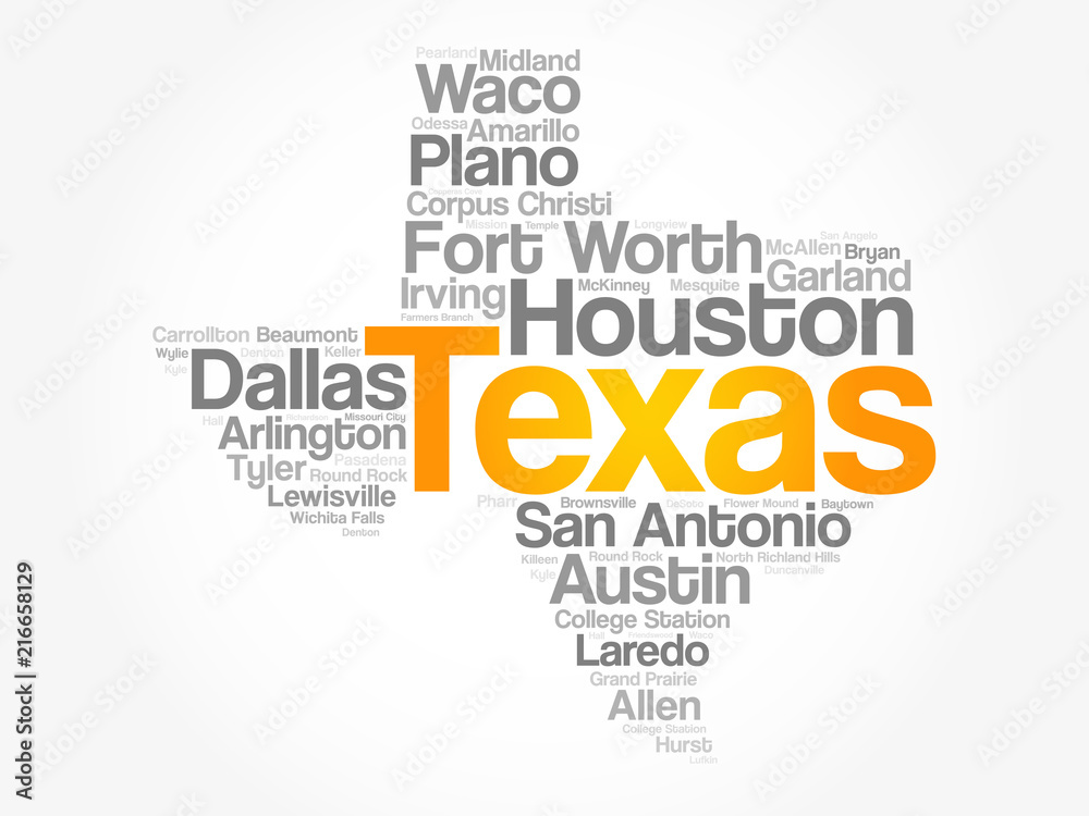 List of cities in Texas USA state word cloud map, concept background ...