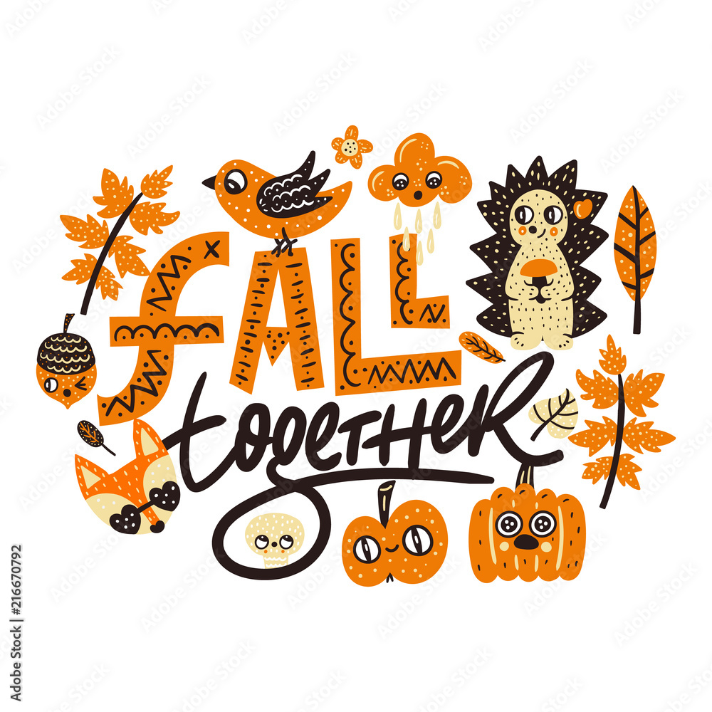 Fall together. Bright autumn vector card with cute animals and ...