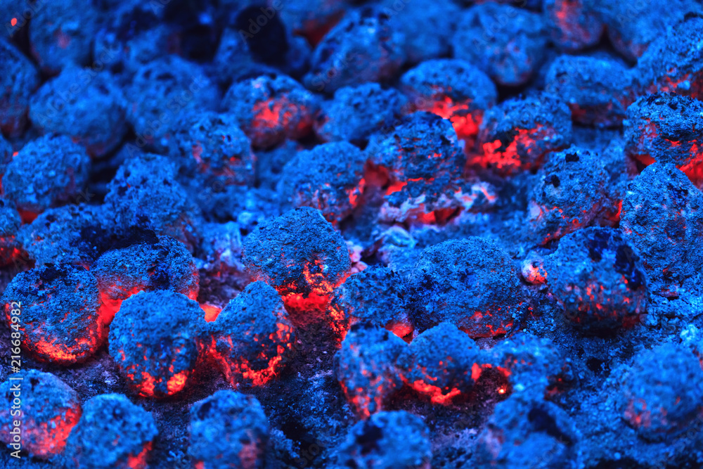 Colorful red and blue burning charcoal as best background for bbq grill ...