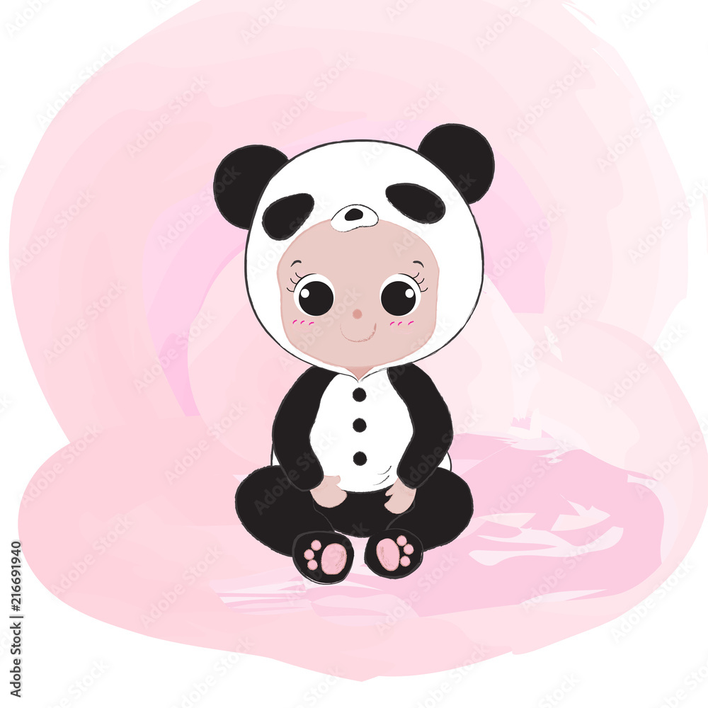 Cute baby in fancy panda costume with pink pastel background. Character ...