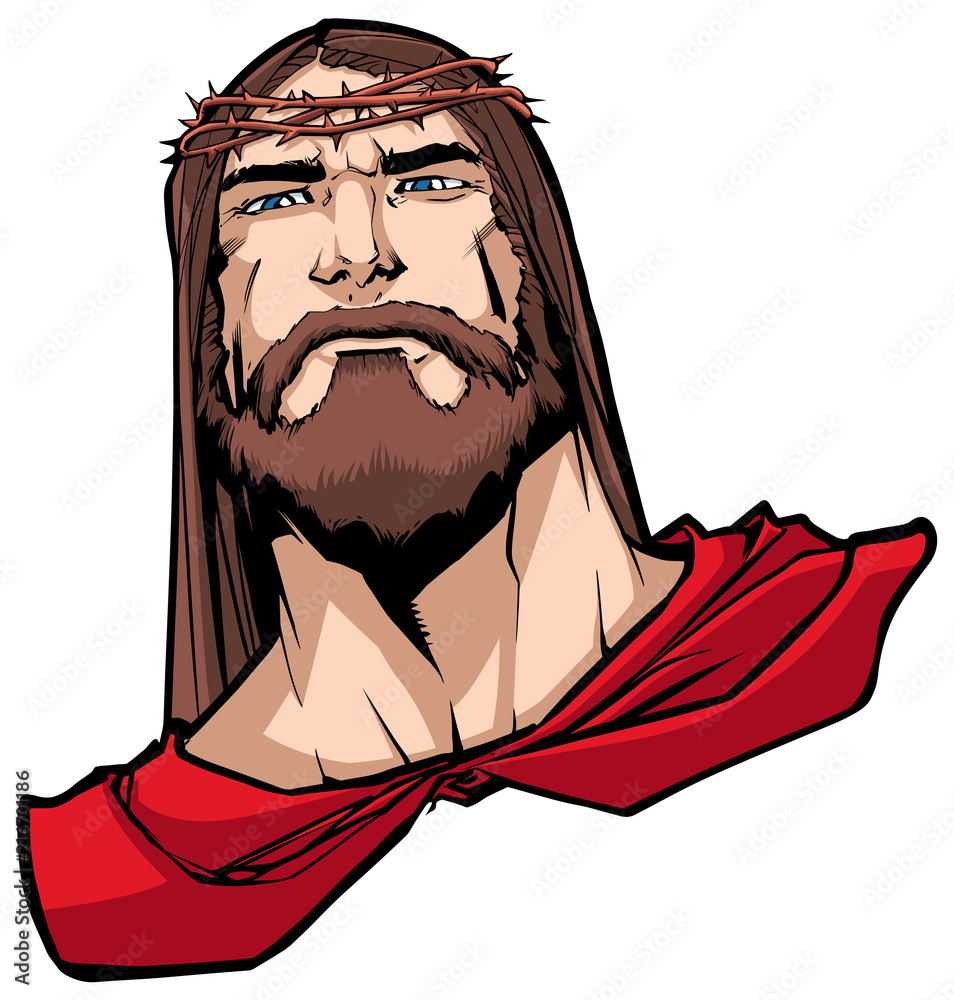 Portrait of Jesus Christ wearing red cape like a superhero, and looking ...