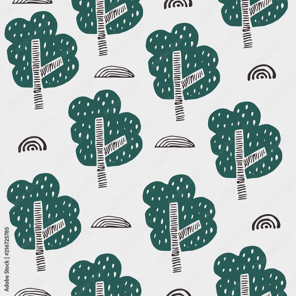 Pattern with trees. Kid drawing illustration in cartoon style ...