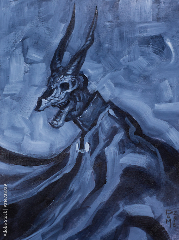 Abstract impressionist painting of a scary horned undead ibex creature ...