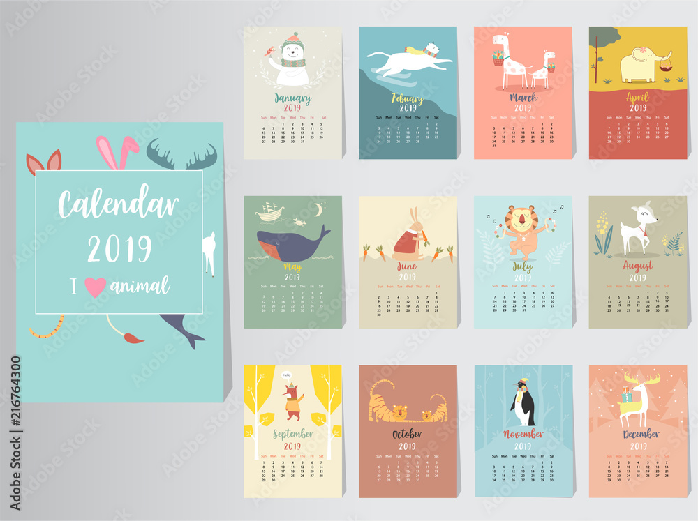 Cute animal calendar 2019 design,The year of the pig monthly cards ...