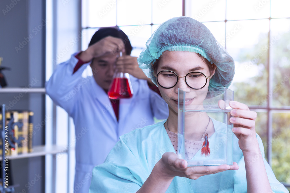 Woman veterinary student looking through fighting fish tank for ...