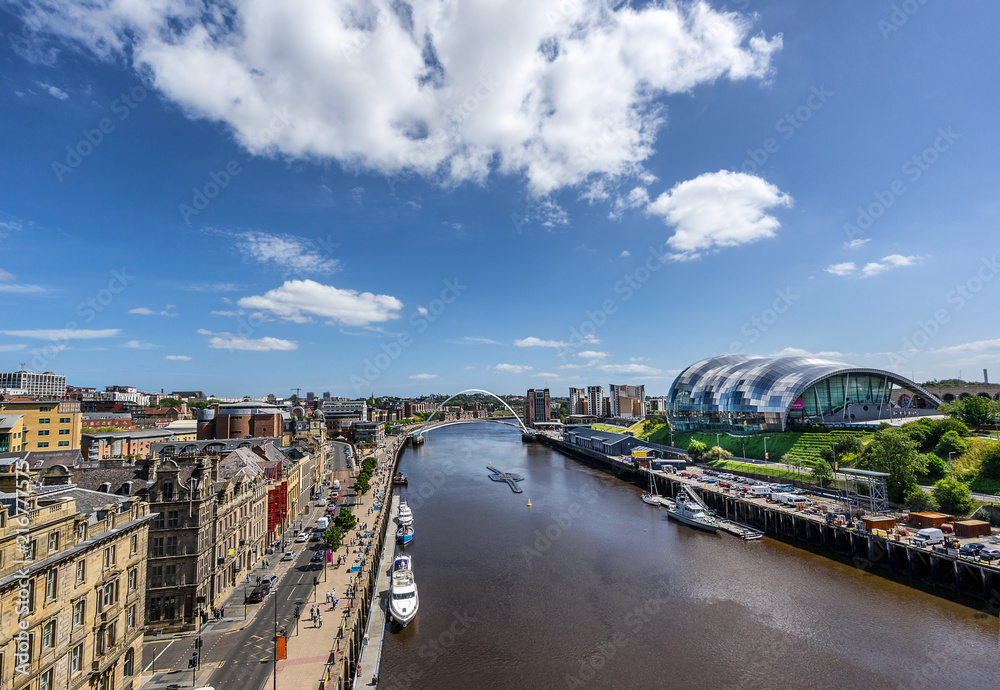 Looking down the Tyne River to the Quayside in Newcastle and Gateshead ...