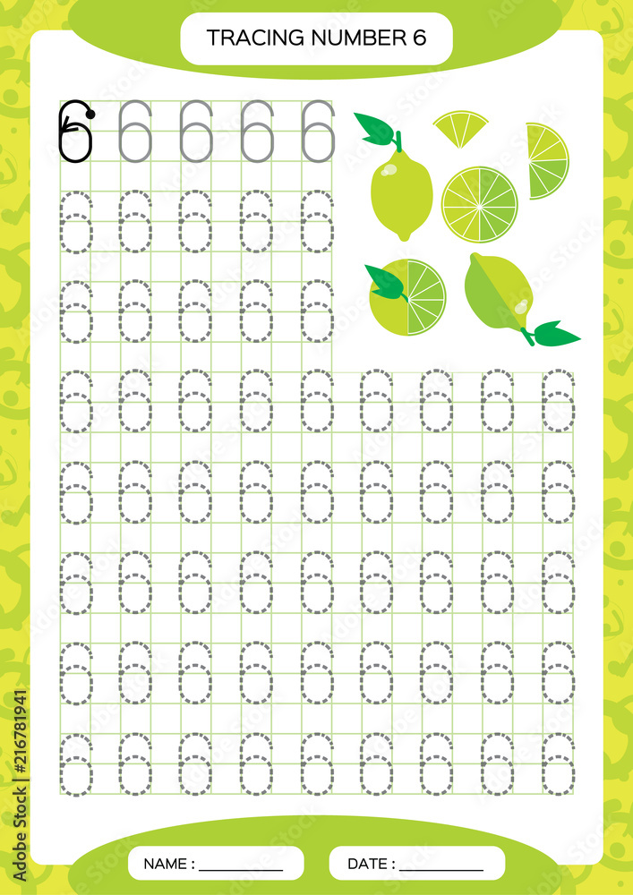 Number 6. Six Tracing Worksheet for kids. Green juicy lime. Preschool ...
