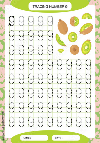 Number 9. Nine. Tracing Worksheet for kids. Watermelon for kids ...