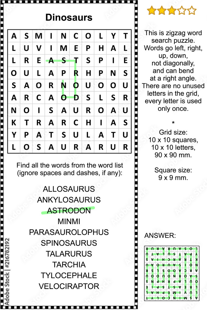 Dinosaurs themed zigzag word search puzzle (suitable both for kids and ...