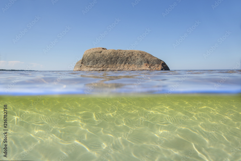 Cross section of underwater and surface parts of the sea. View to the ...