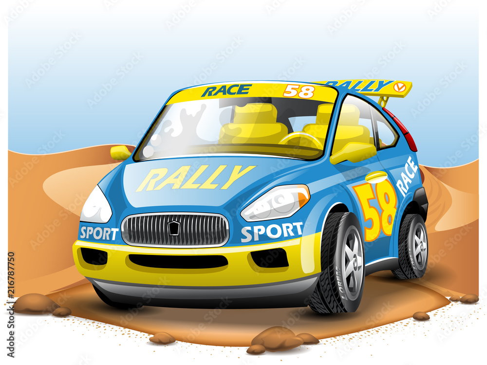 Blue Race Car on Desert background. In Cartoon Style. Stock Vector ...
