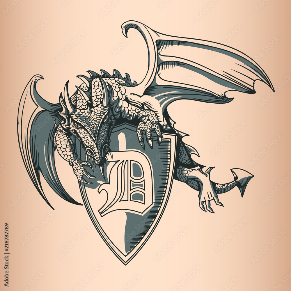 Dragon with Shield and Letter D. Hand Drawing image. Stock Vector ...