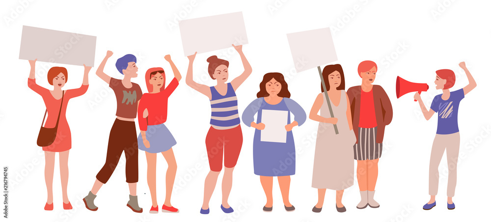 crowd of women with signs and posters protesting. a rally of feminists ...