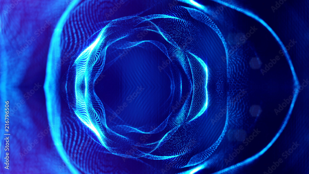 blue particles form line and surface grid. microcosm or space. 3d ...