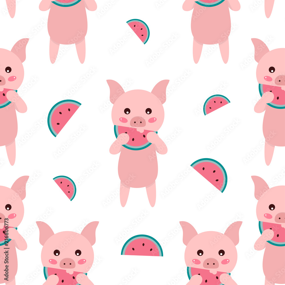 Seamless pattern with cute cartoon pig with watermelon. Cartoon ...