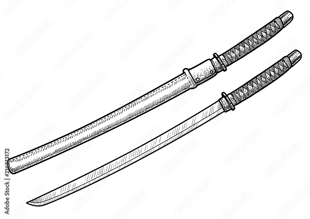 Japanese sword illustration, drawing, engraving, ink, line art, vector ...