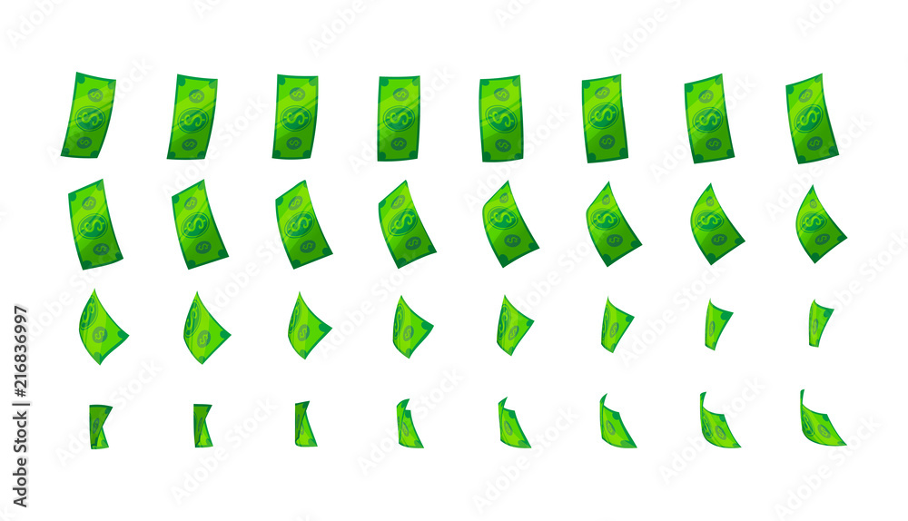 Sprite animation falling money paper dollars green glossy cartoon Stock ...