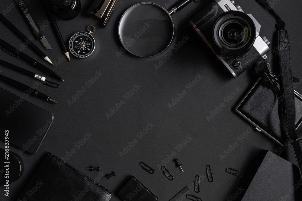 Set of black identity elements on black paper background. Black ...