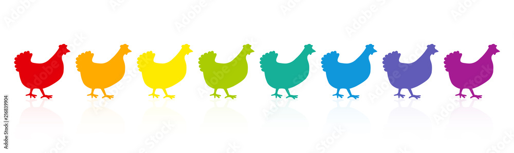 Colorful chicken parade. Rainbow spectrum hens. Colored fowls in single ...