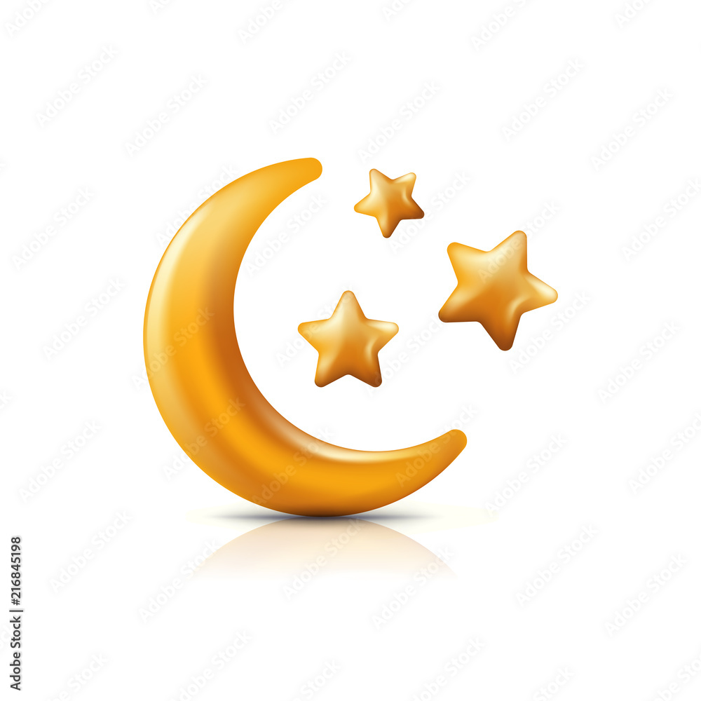 Vector 3d style illustration of golden moon and stars. Decorative gold ...