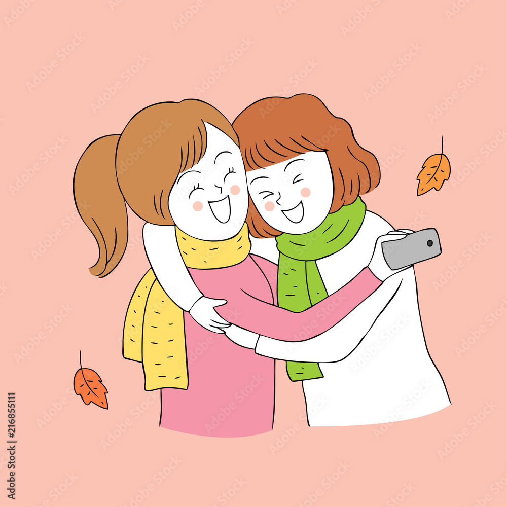 Cartoon cute autumn best friends selfie together vector. Stock Vector ...