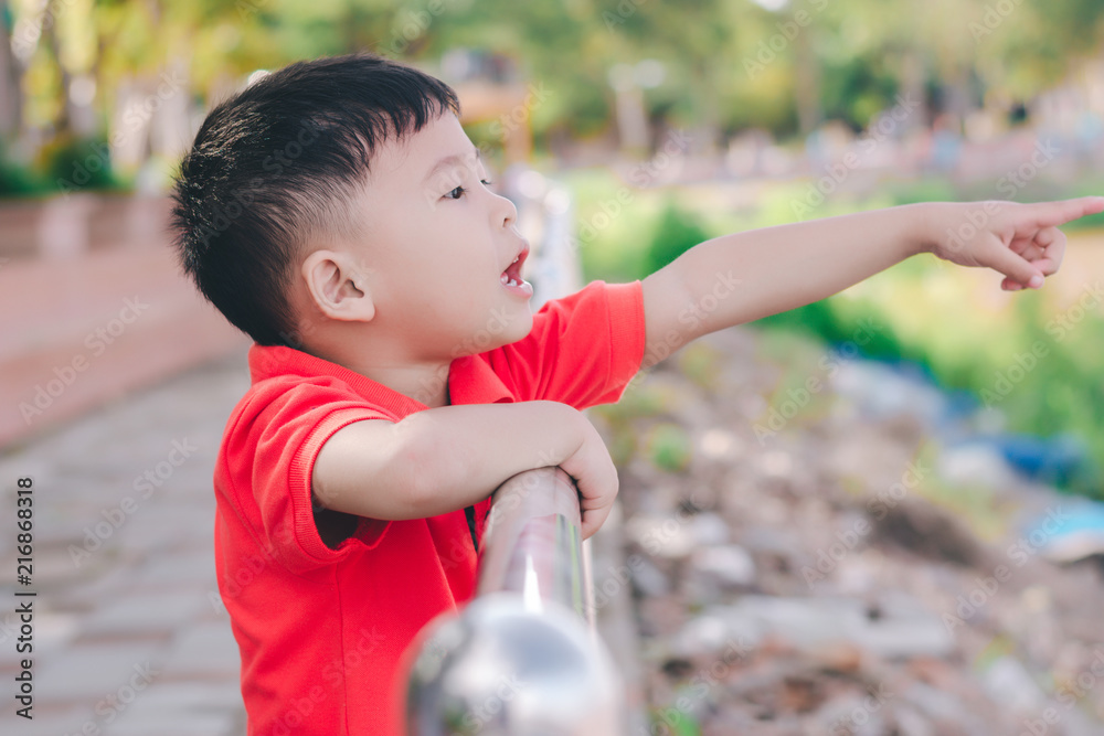 Kid boy pointing with finger to the river,in a shocking mood. Stock ...