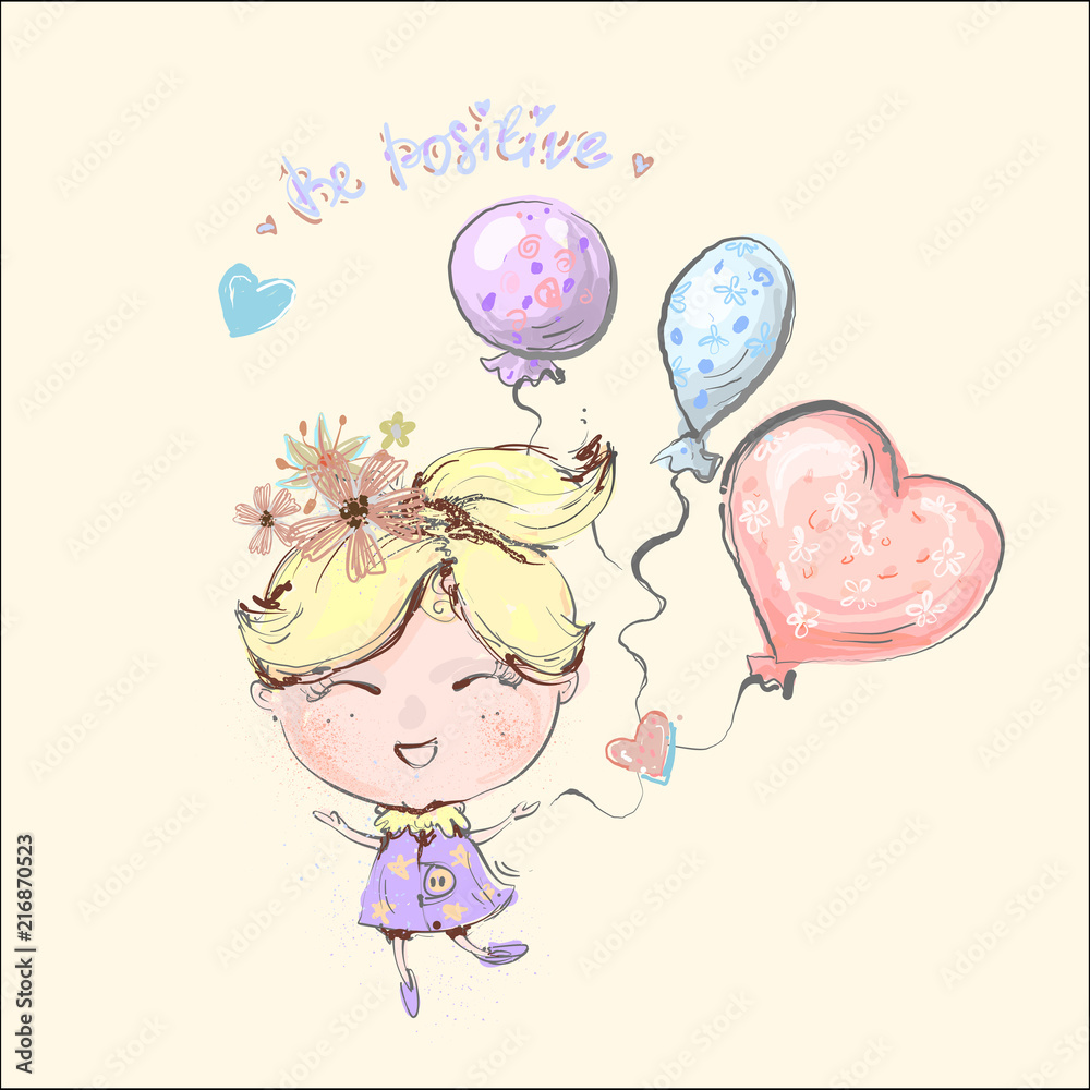 Cute little blond Girl flying with balloons, birthday card, vector ...