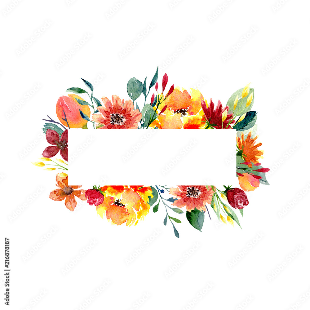 Watercolor floral frame. Background with fresh foliage, bright flowers ...