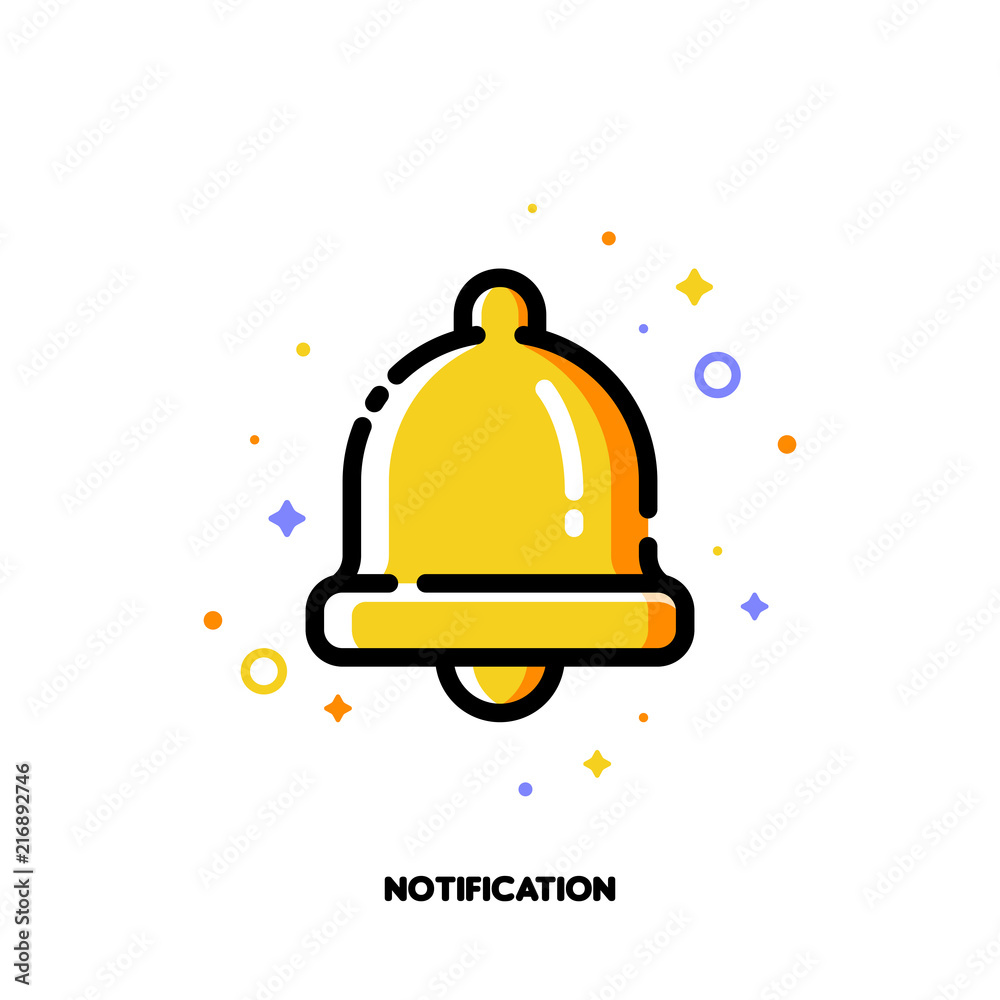 Icon of bell for alarm or notification concept. Flat filled outline ...