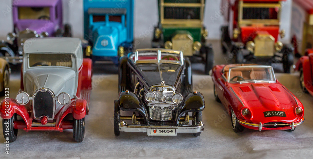collection of old car model. replica of vintage car. collectible toys ...