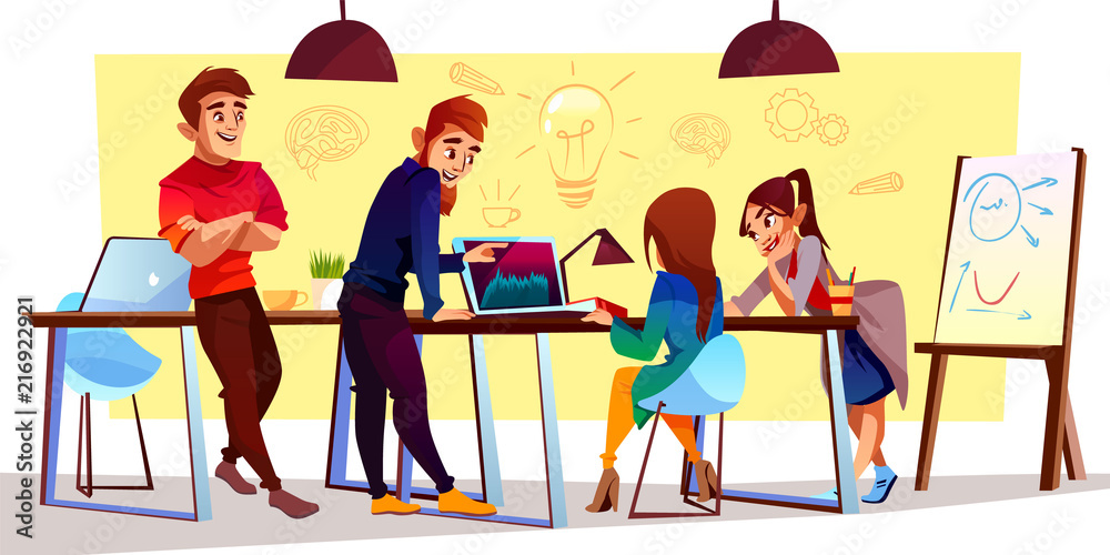 Vector cartoon characters at coworking center, creative space ...