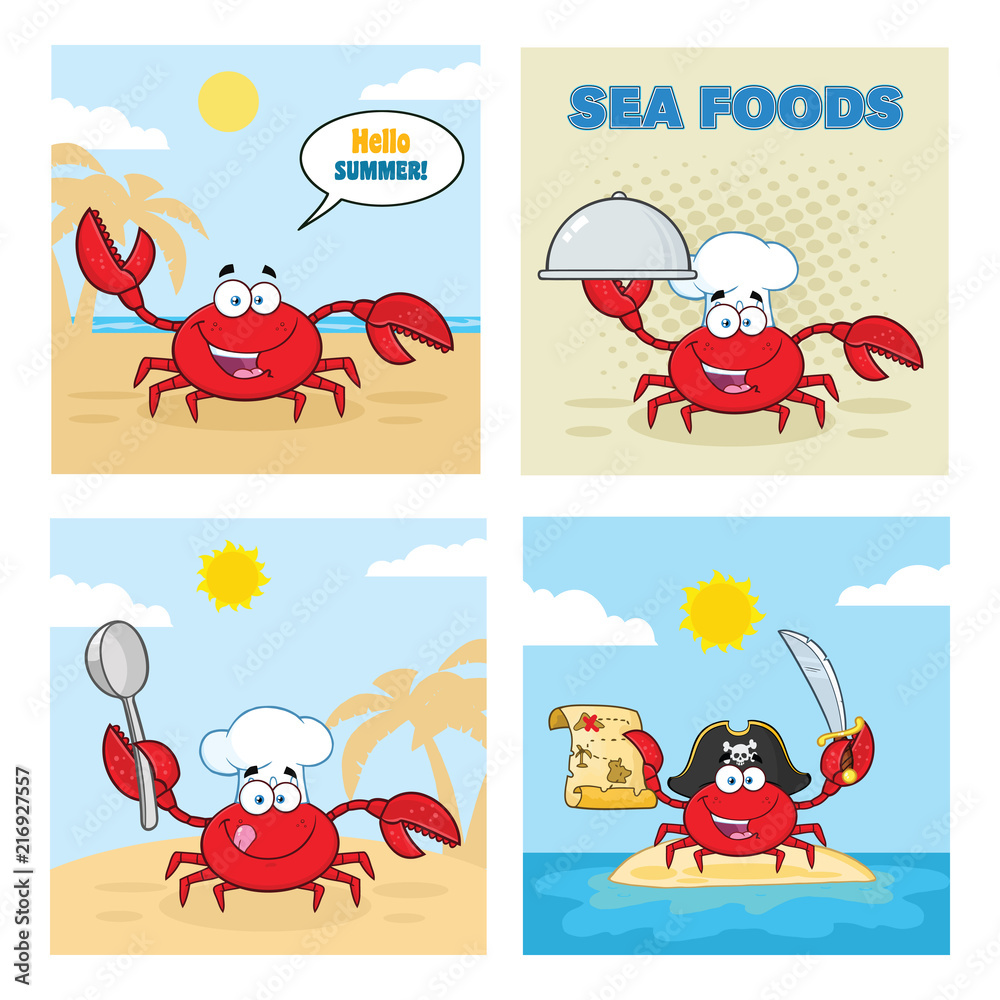 Crab Cartoon Character Set 4. Vector Collection With Background Stock ...