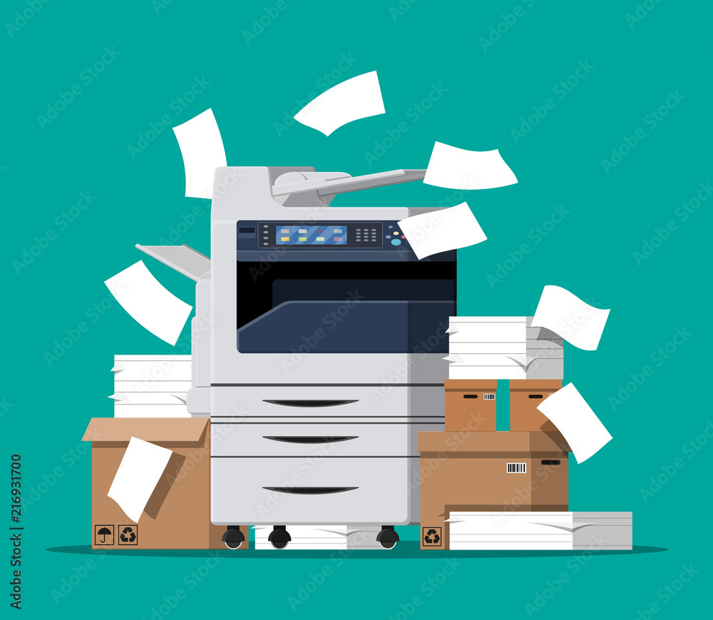 Office multifunction machine. Pile of paper documents, boxes and ...