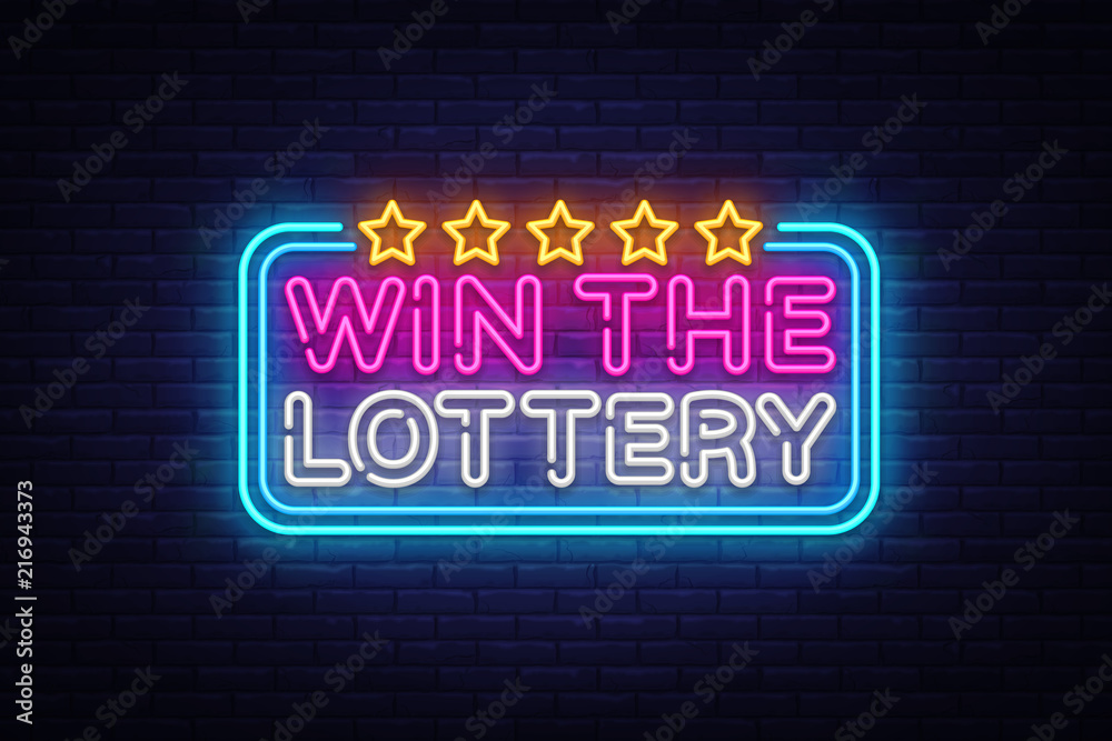Win the Lottery neon text vector design template. Lotto symbols neon ...