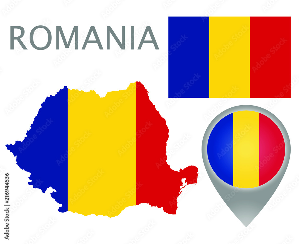 Colorful flag, map pointer and map of Romania in the colors of the ...