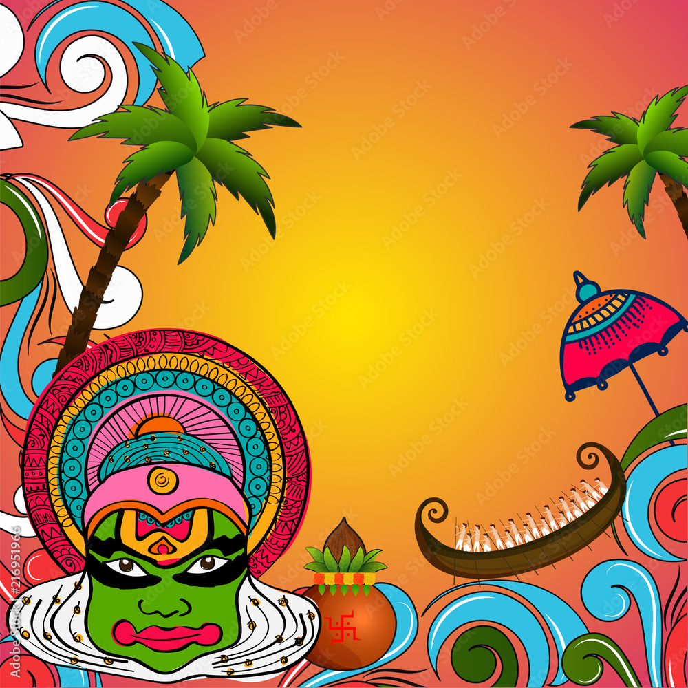 Doodle illustration of Kathakali dancer face with Worship Pot, Snake ...