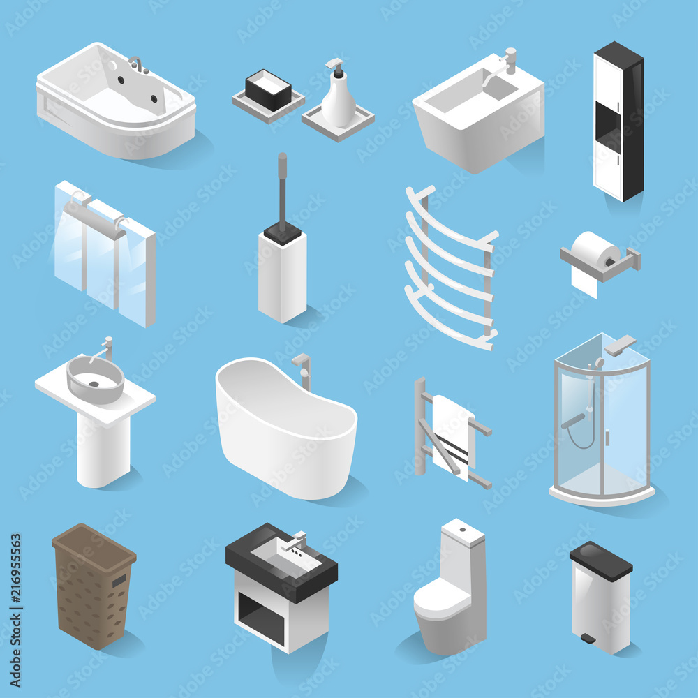 Isometric bathroom elements vector set isolated from background Stock ...