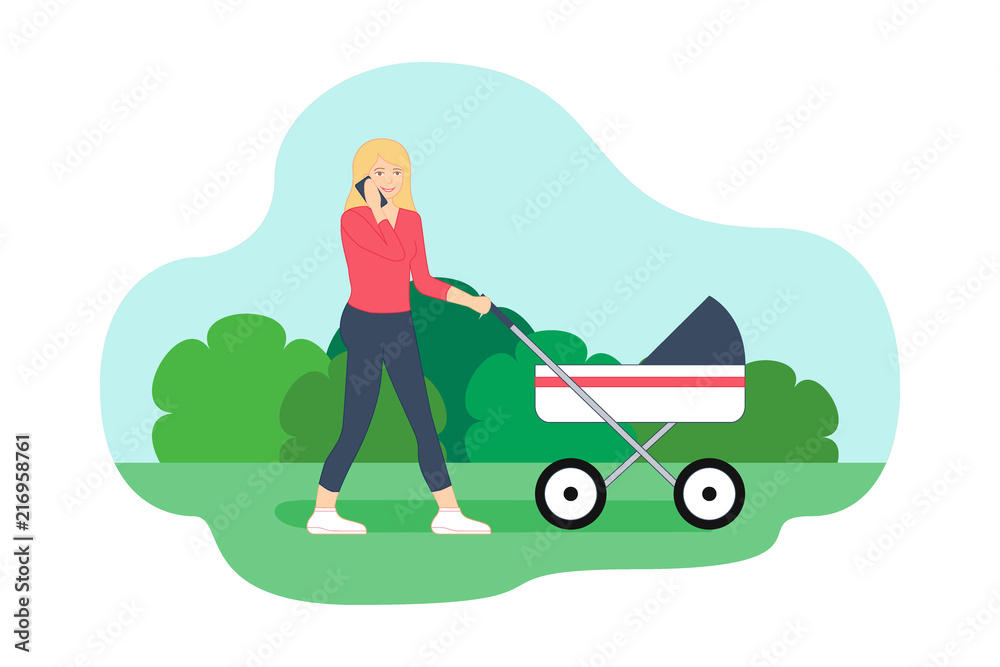 Young mother is walking with her baby in stroller and talking on her ...