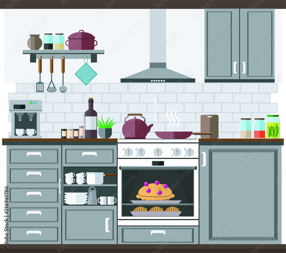Modern kitchen interior with cabinets, stove and utensils. Vector set ...