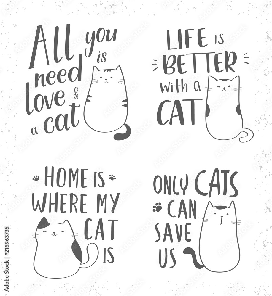 Hand drawn lettering quotes about cats. Vector collection with ...