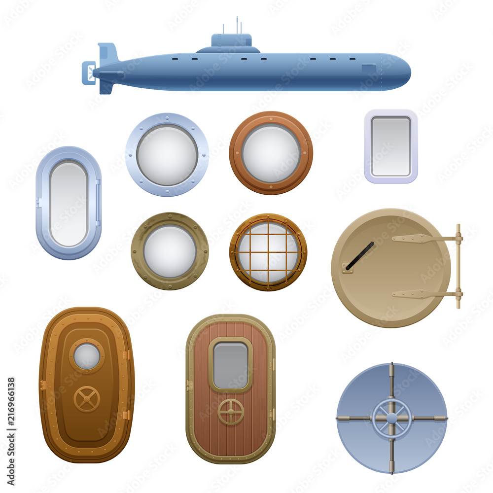 Metallic submarine. Set of windows, portholes, doors on submarine, ship ...