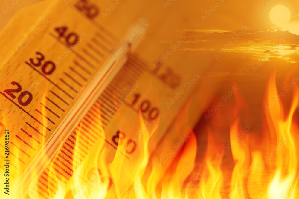 global warming climate change sign high temperature thermometer fire ...