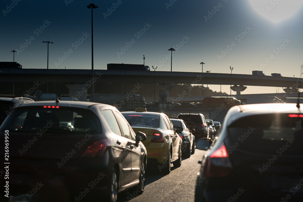 Traffic jam on a hot summer evening. Highway and road junction. Sunset ...
