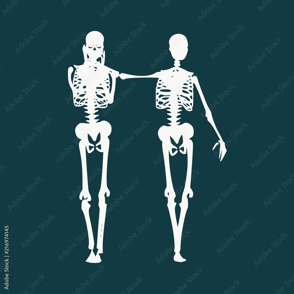 Human skeleton standing and hugging. Halloween party design template ...